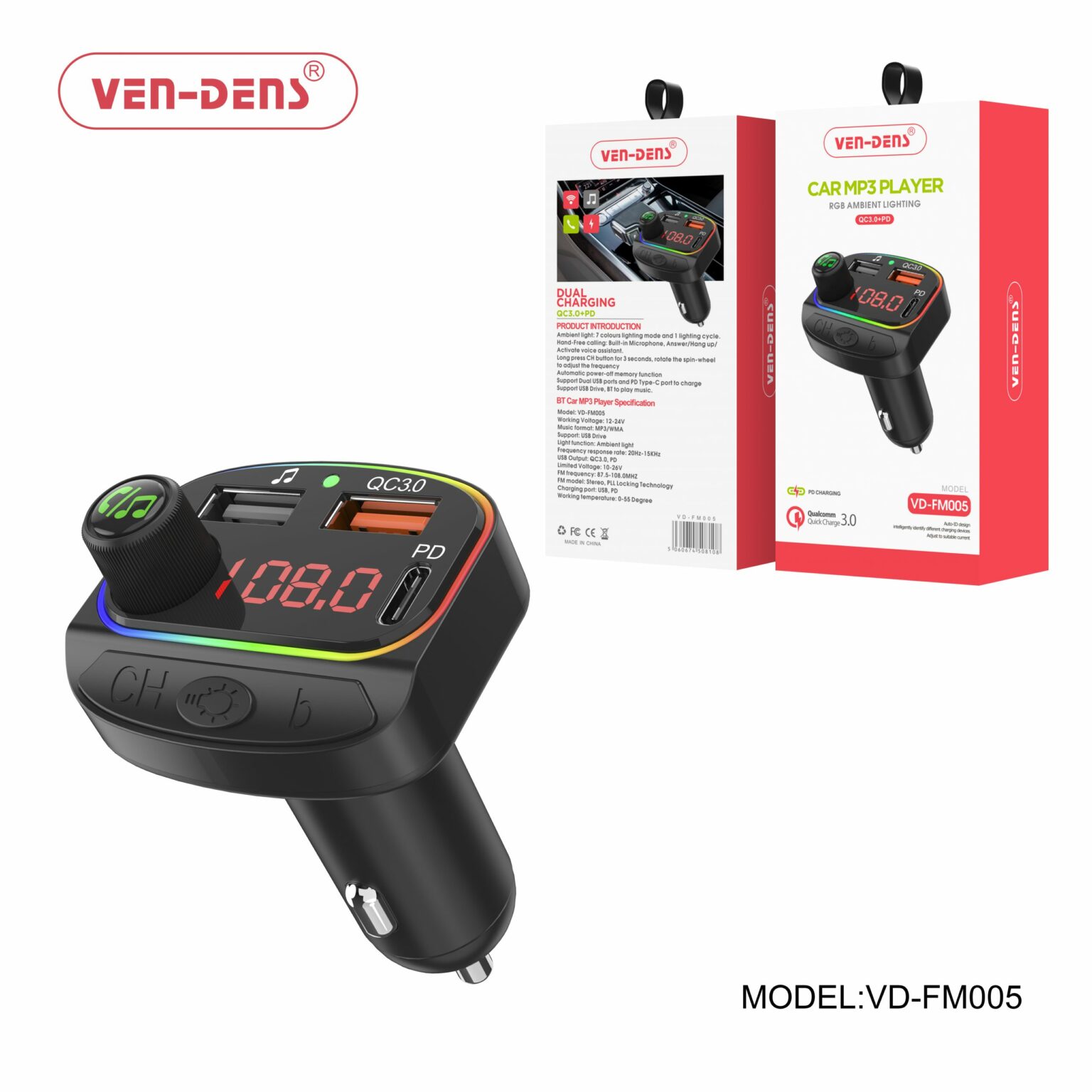 Ven-Dens Car Charger With MP3 Player With Dual Charging QC 3.0 + PD VD ...